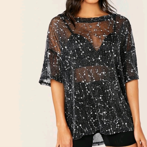 SHEIN | Tops | Galaxy Print Sheer Mesh Longline Tshirt | Poshmark